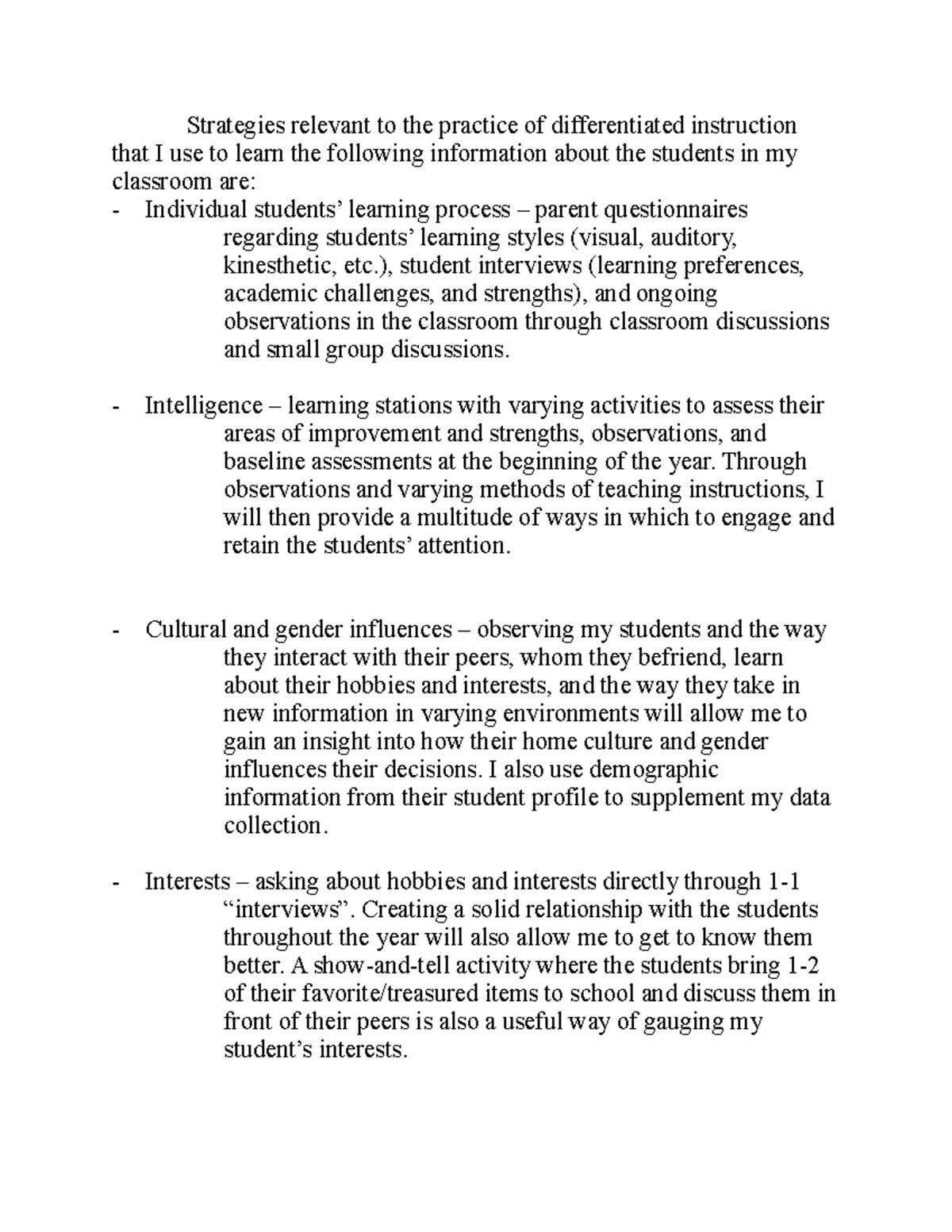 D183 Task 2: Strategies for Differentiated Instruction in 1st Grade ...