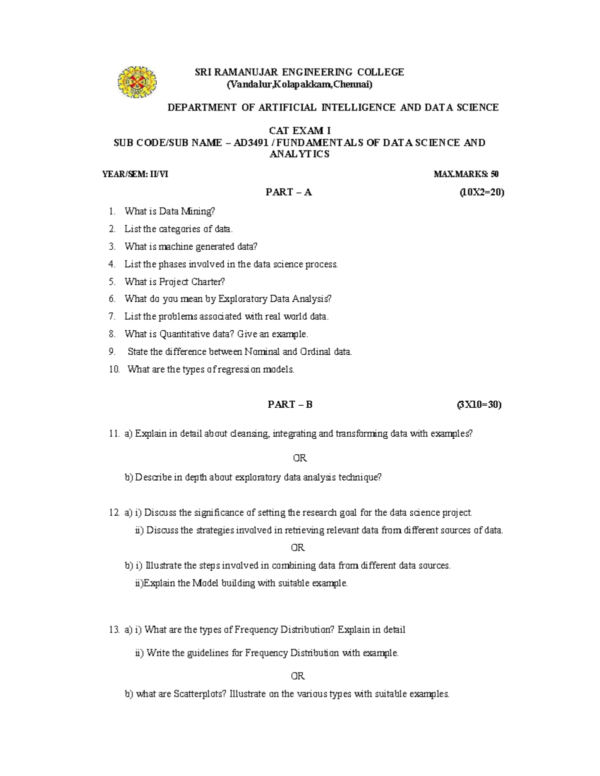 AD3491 Fundamentals of Data Science & Analytics - CAT Exam I Questions ...