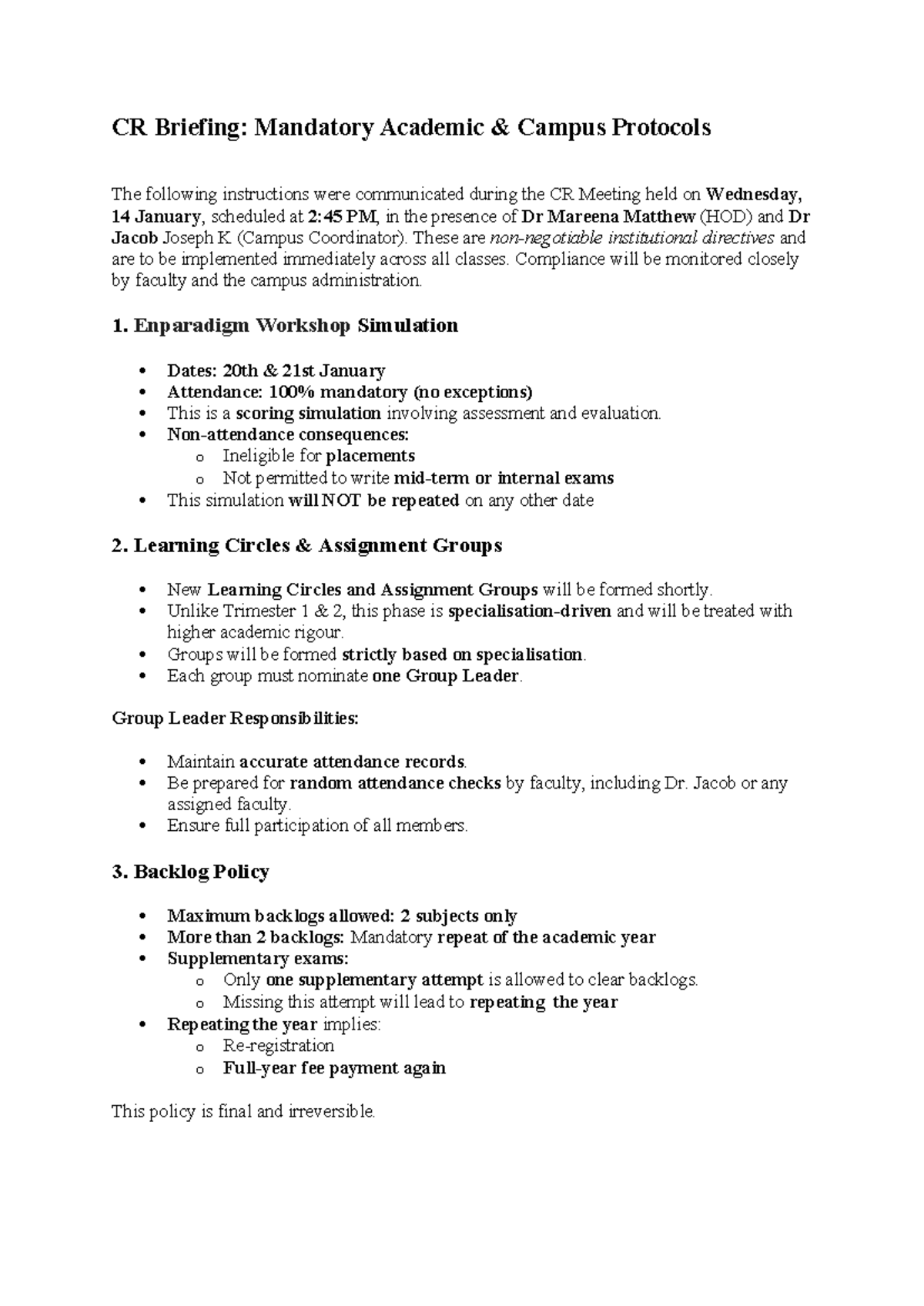CR Briefing: Mandatory Campus Protocols & Attendance Policies - Studocu