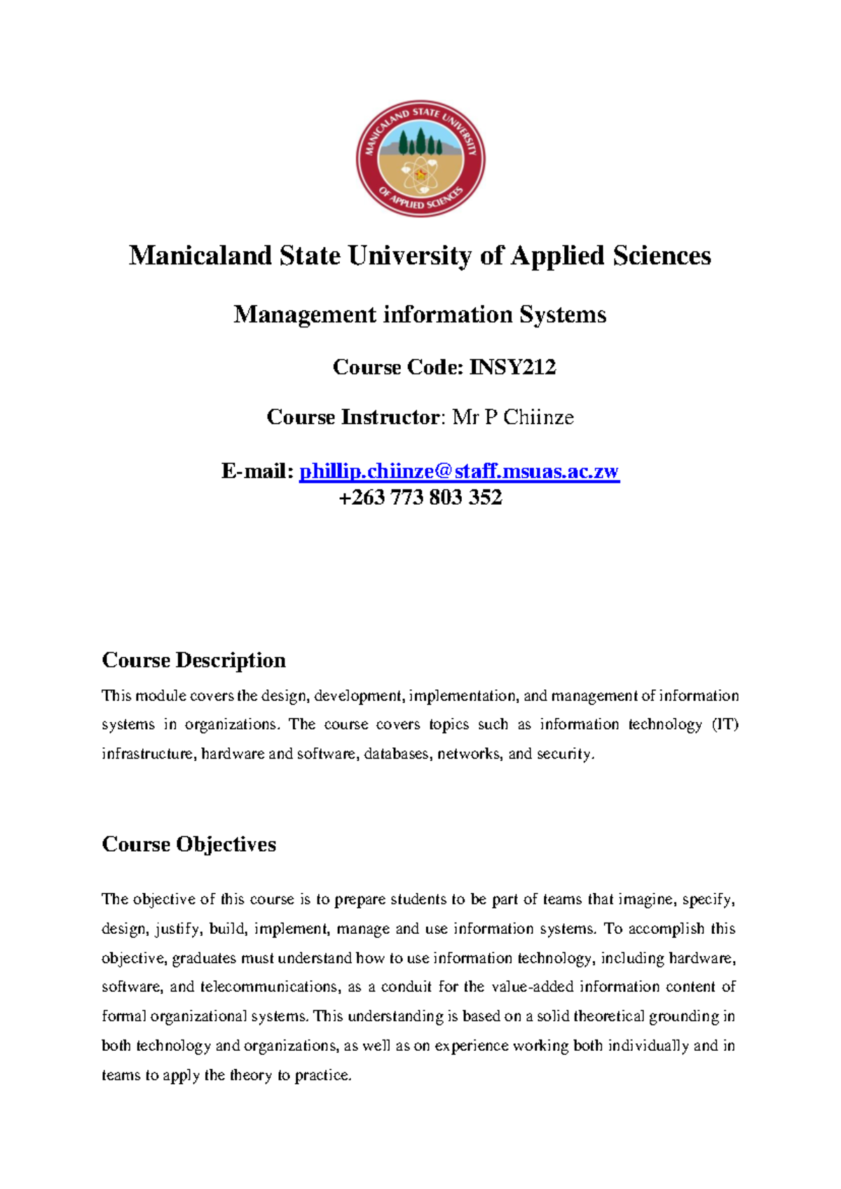 INSY212 Course Outline: Management Information Systems Overview - Studocu