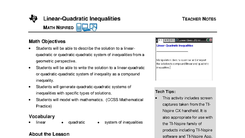 Linear-Quadratic Inequalities Teacher Notes (MATH NSPIRED) - Studocu
