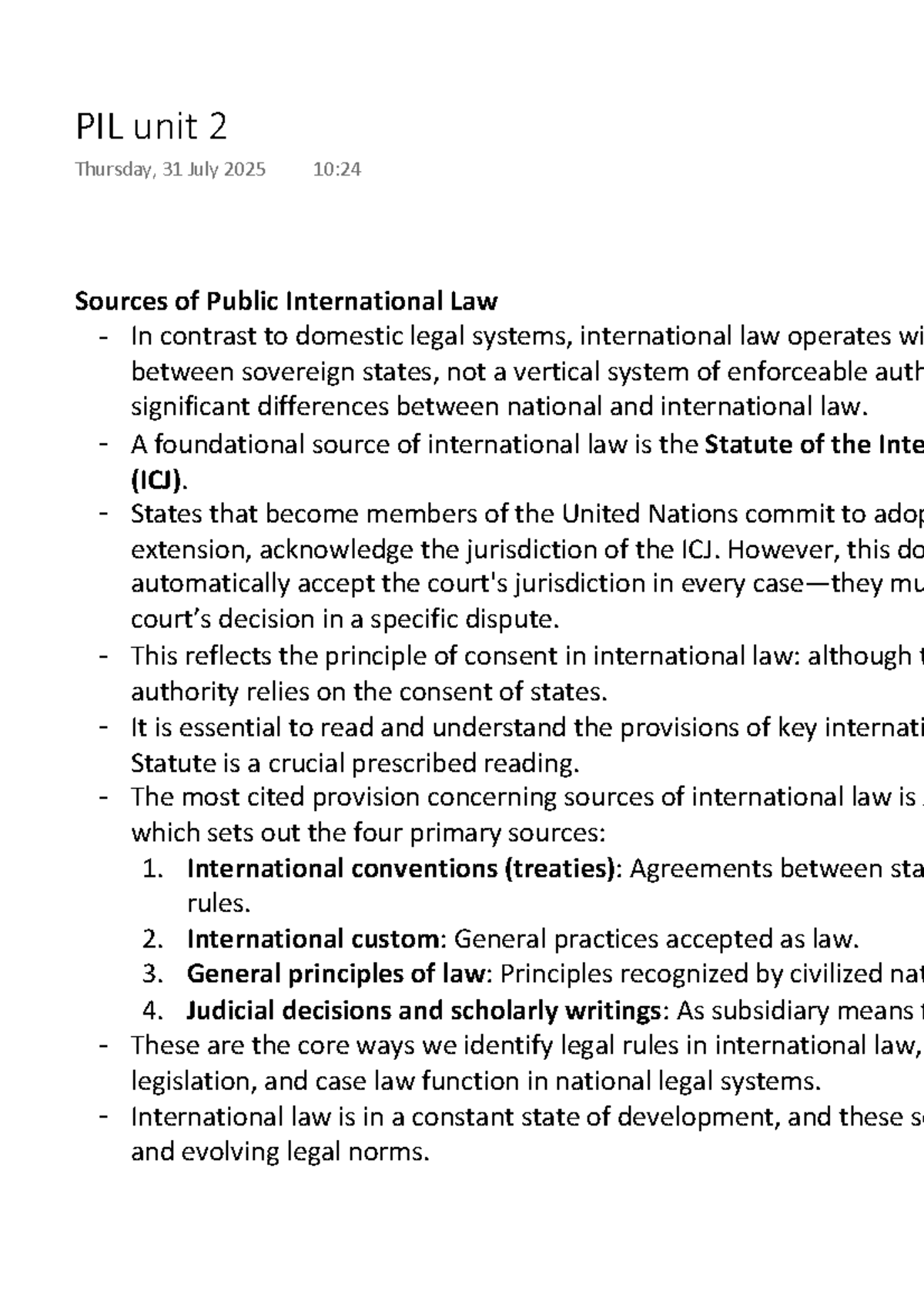 PIL Unit 2-1: Sources of Public International Law Overview - Studocu