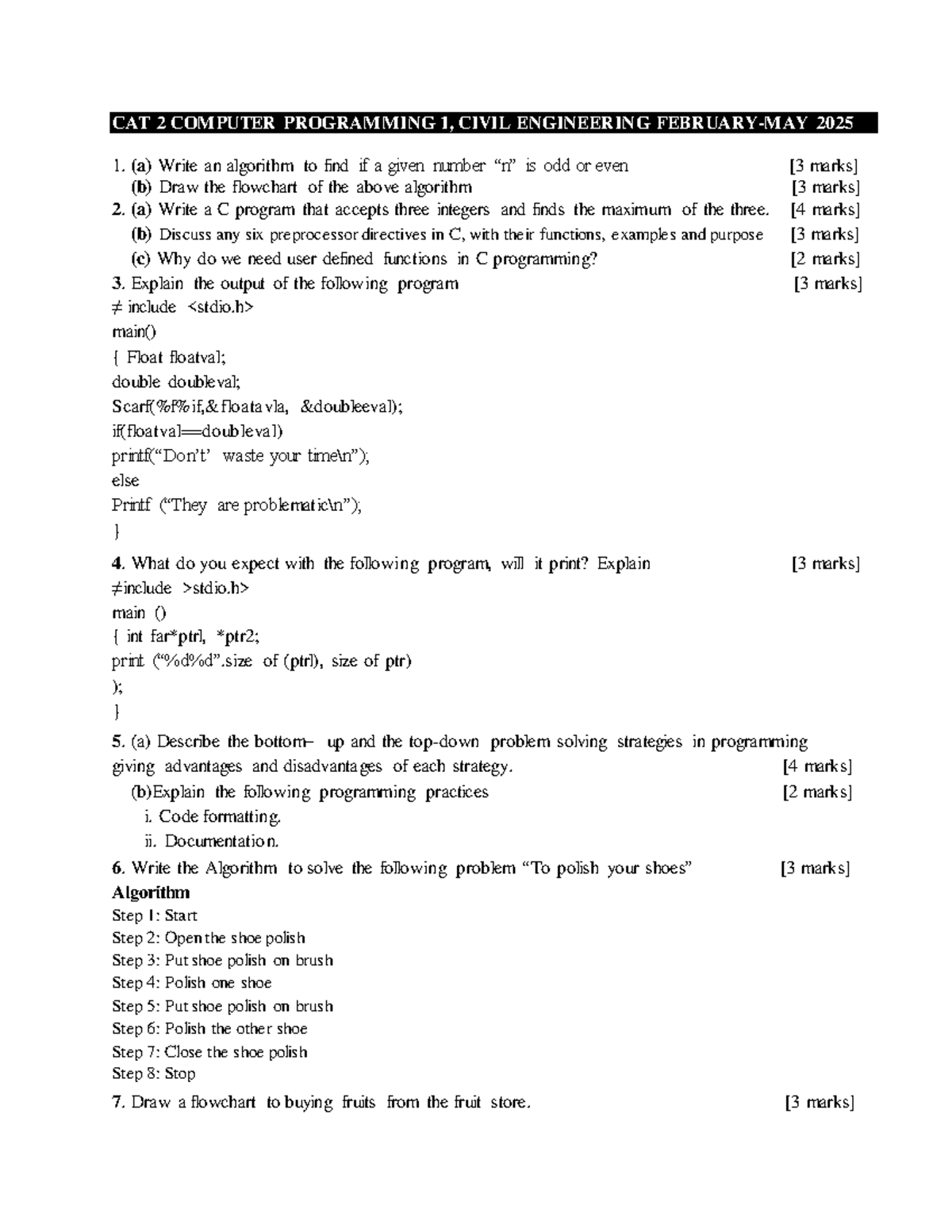 CAT 2 Computer Programming 1: Algorithms, Flowcharts, and C Programming - Studocu
