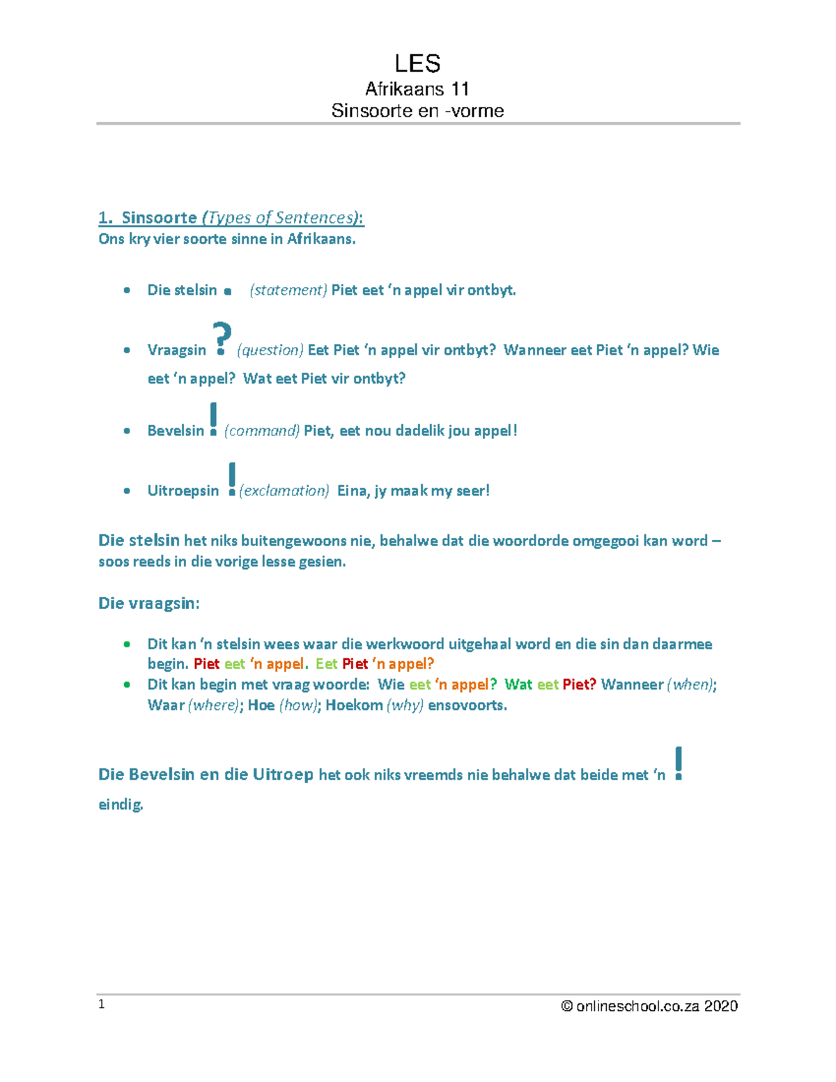 Afr 11 Sinsoorte - Types of Sentences & Their Forms Notes - Studocu