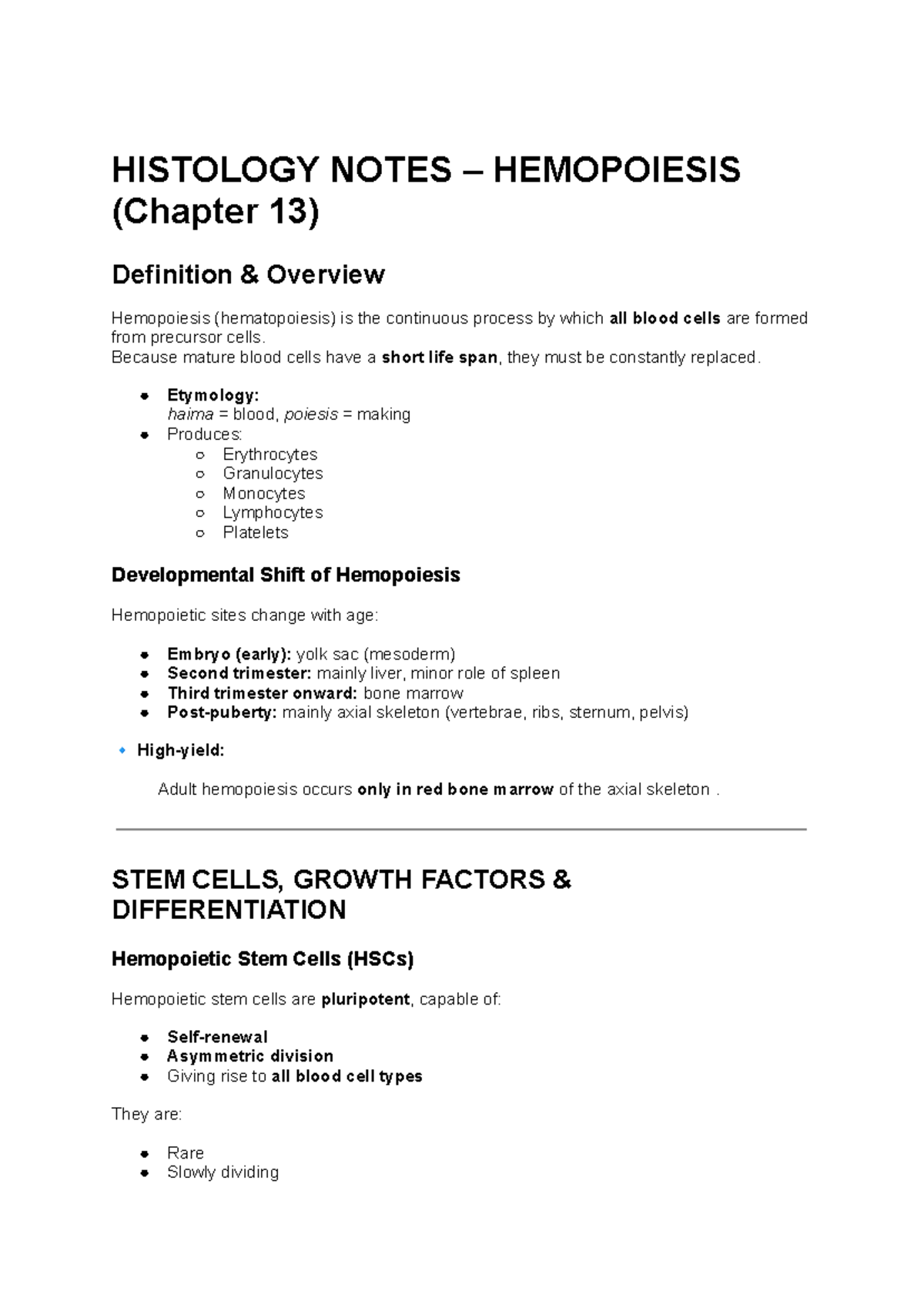 Histology Notes: Hemopoiesis Overview (Chapter 13) - Studocu