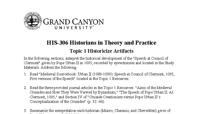 HIS-306-RS-T1: Analyzing Pope Urban II's Speech at Clermont - Studocu