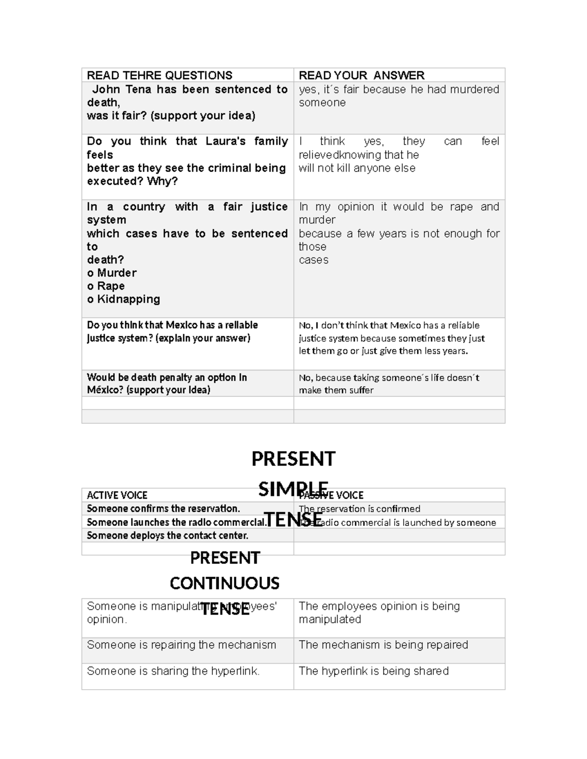 READ Tehre Questions - Actividad sobre Justicia y Voz Pasiva - Studocu