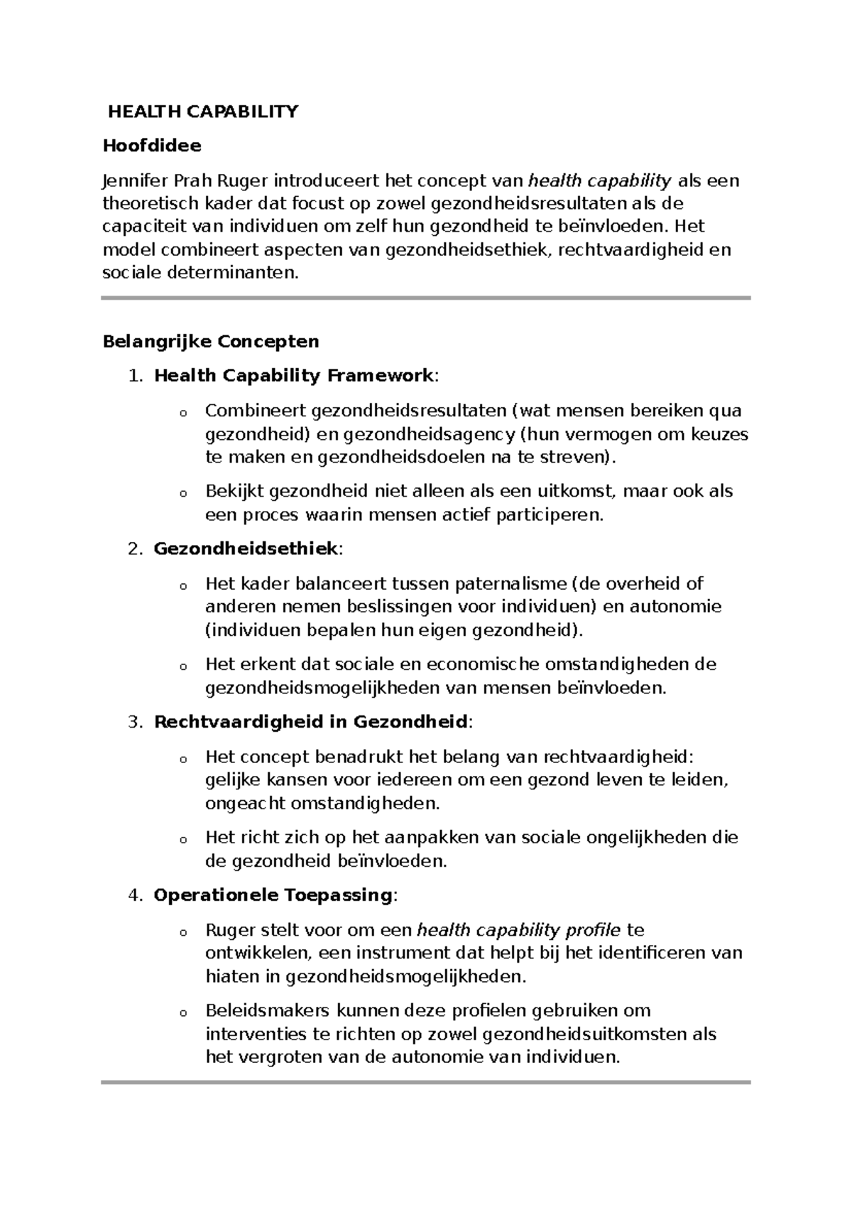 HEALTH CAPABILITY: Samenvatting van Jennifer Prah Ruger's Concept - Studocu