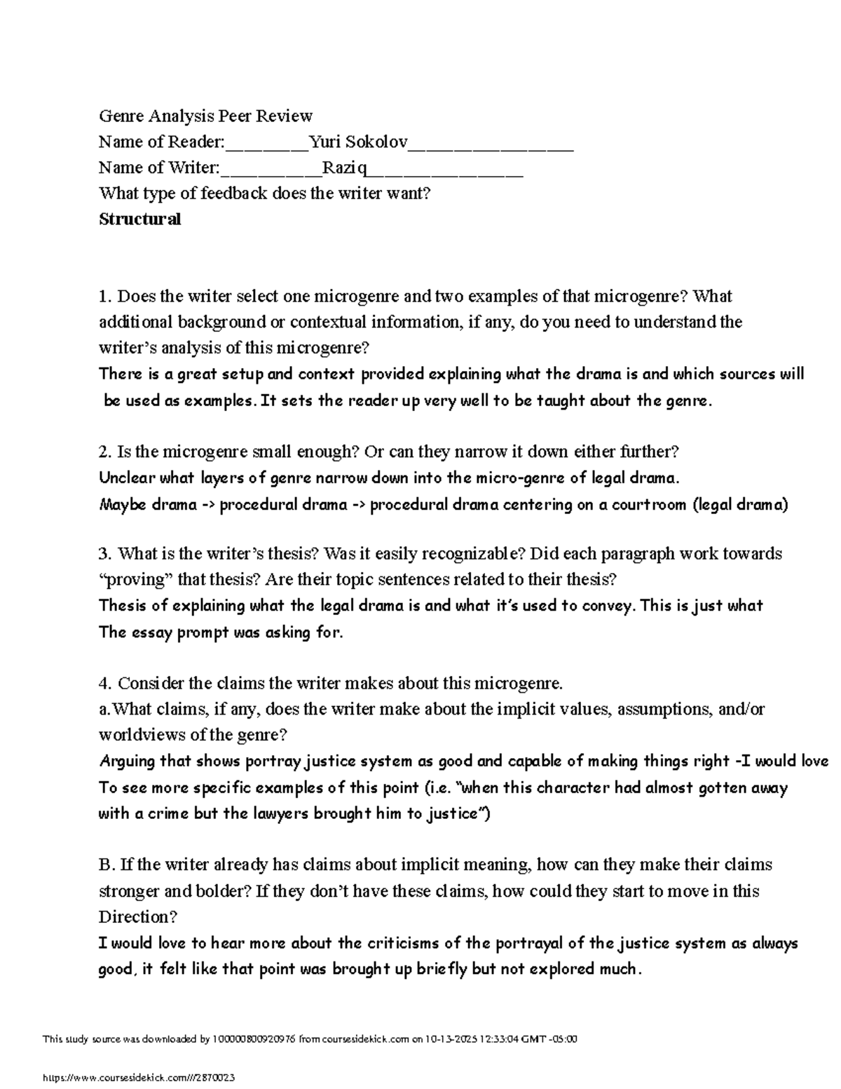 ENG 201 Genre Analysis Peer Review Feedback and Suggestions - Studocu