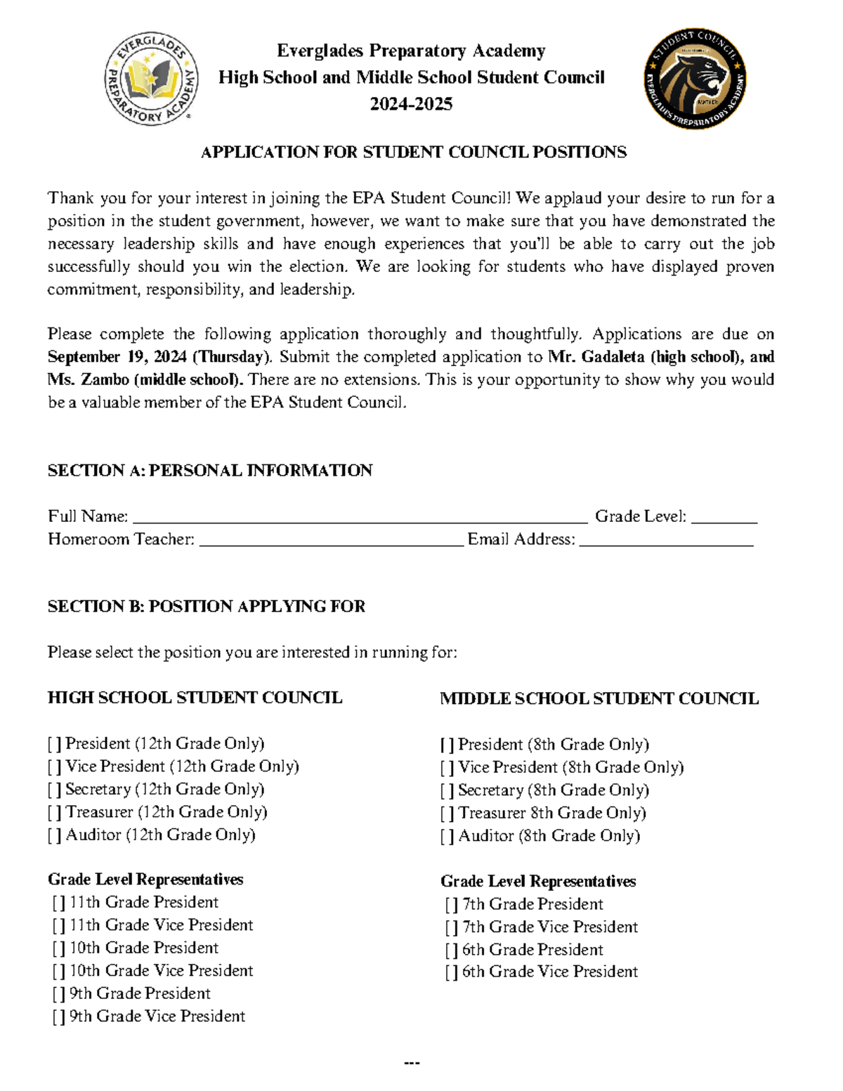 EPA Student Council Application Form 2024-2025 - Studocu