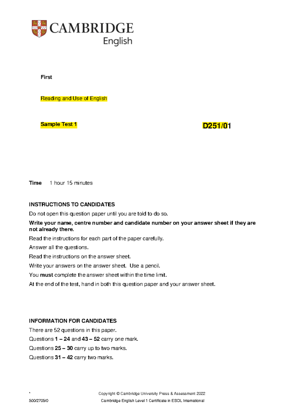 Sample Reading Questions - Cambridge ESOL Level 1 Certificate - Studocu