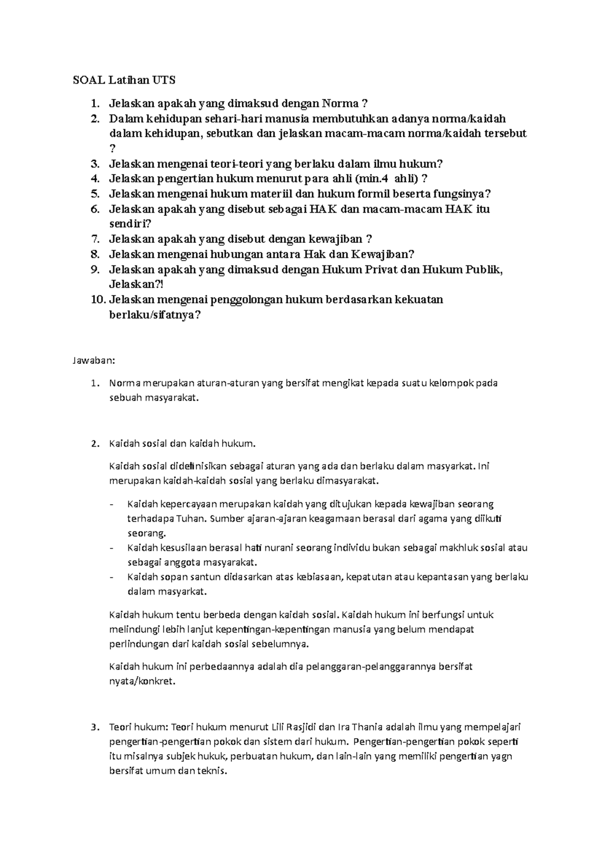 Soal Latihan UTS Pengantar Hukum Semester 1 - Pengantar Ilmu Hukum - UNTAR - Studocu
