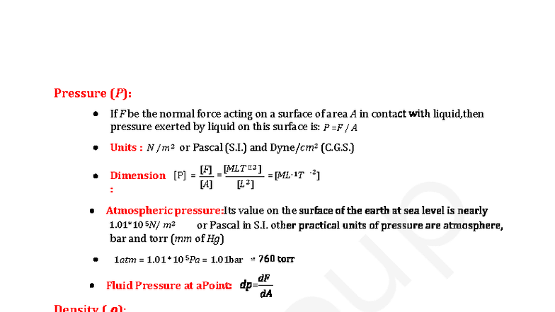 FM - Formula to memorize - 2 Pressure (P): If F be the normal force ...