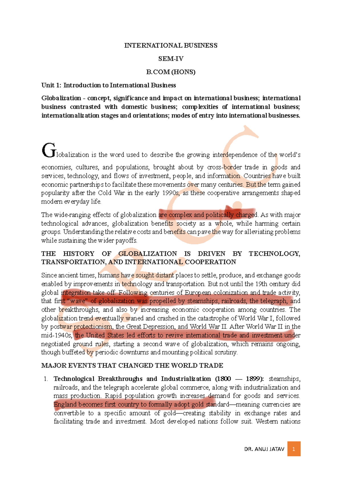 Unit 1: Introduction to International Business - B.COM (HONS) SEM-IV - Studocu