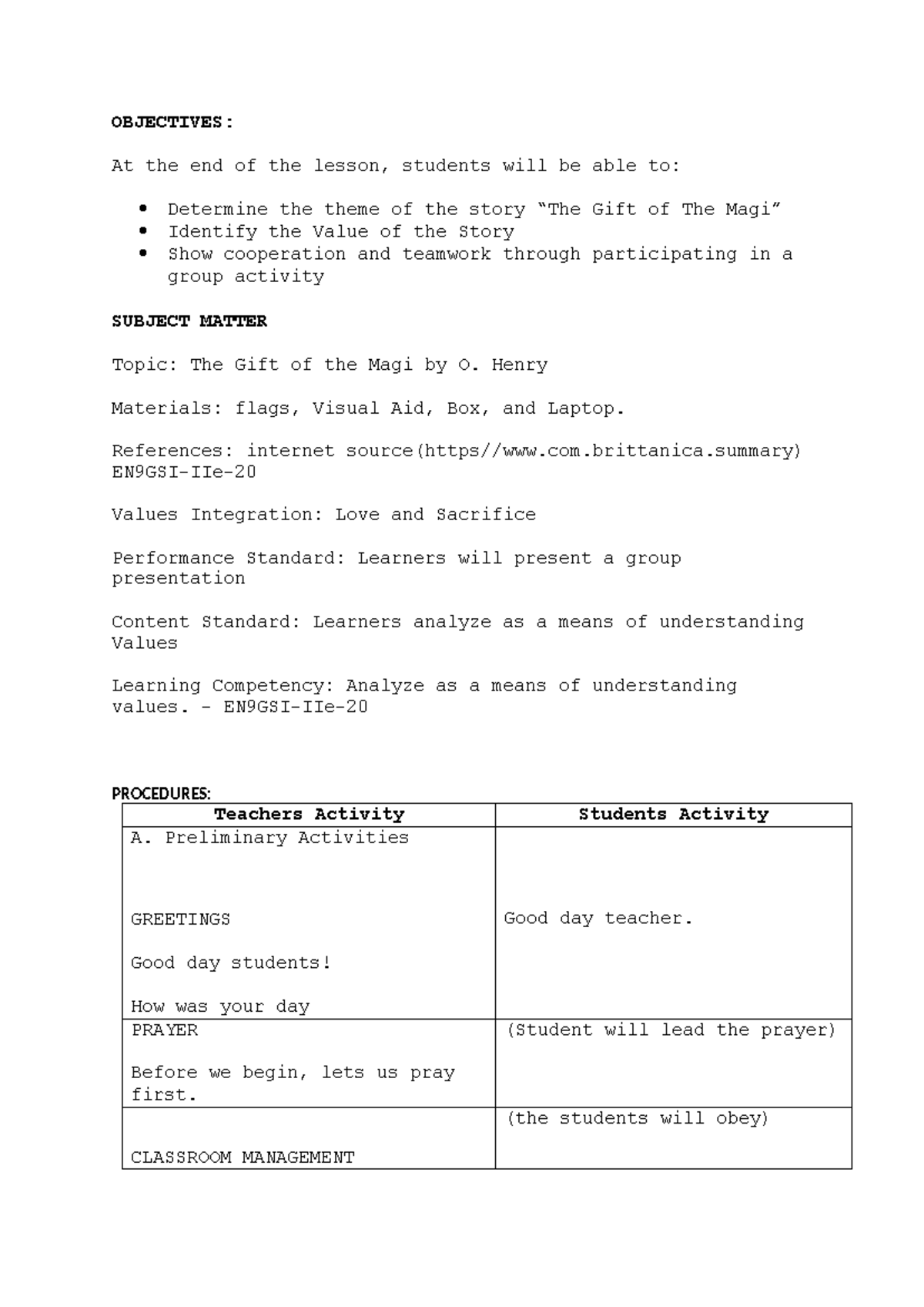 EN9GSI-IIe- Lesson Plan: Exploring Themes in "The Gift of the Magi ...