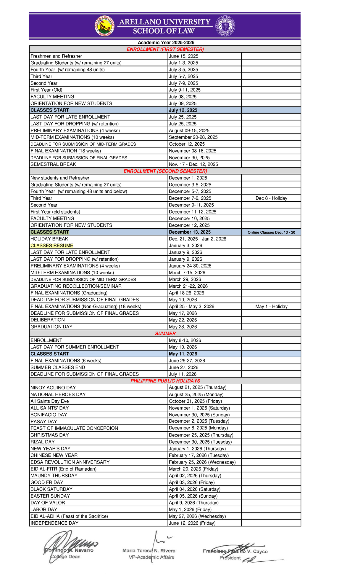AUSL - Academic Calendar for SY 2025-2026: Enrollment & Key Dates - Studocu