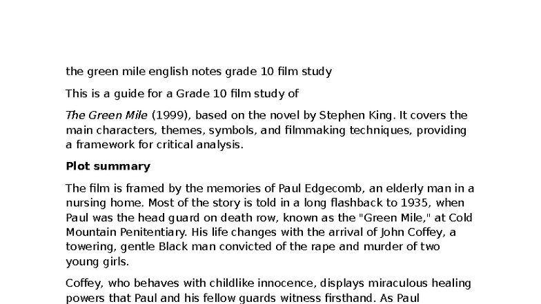 Grade 10 Film Study: The Green Mile English Notes - Studocu