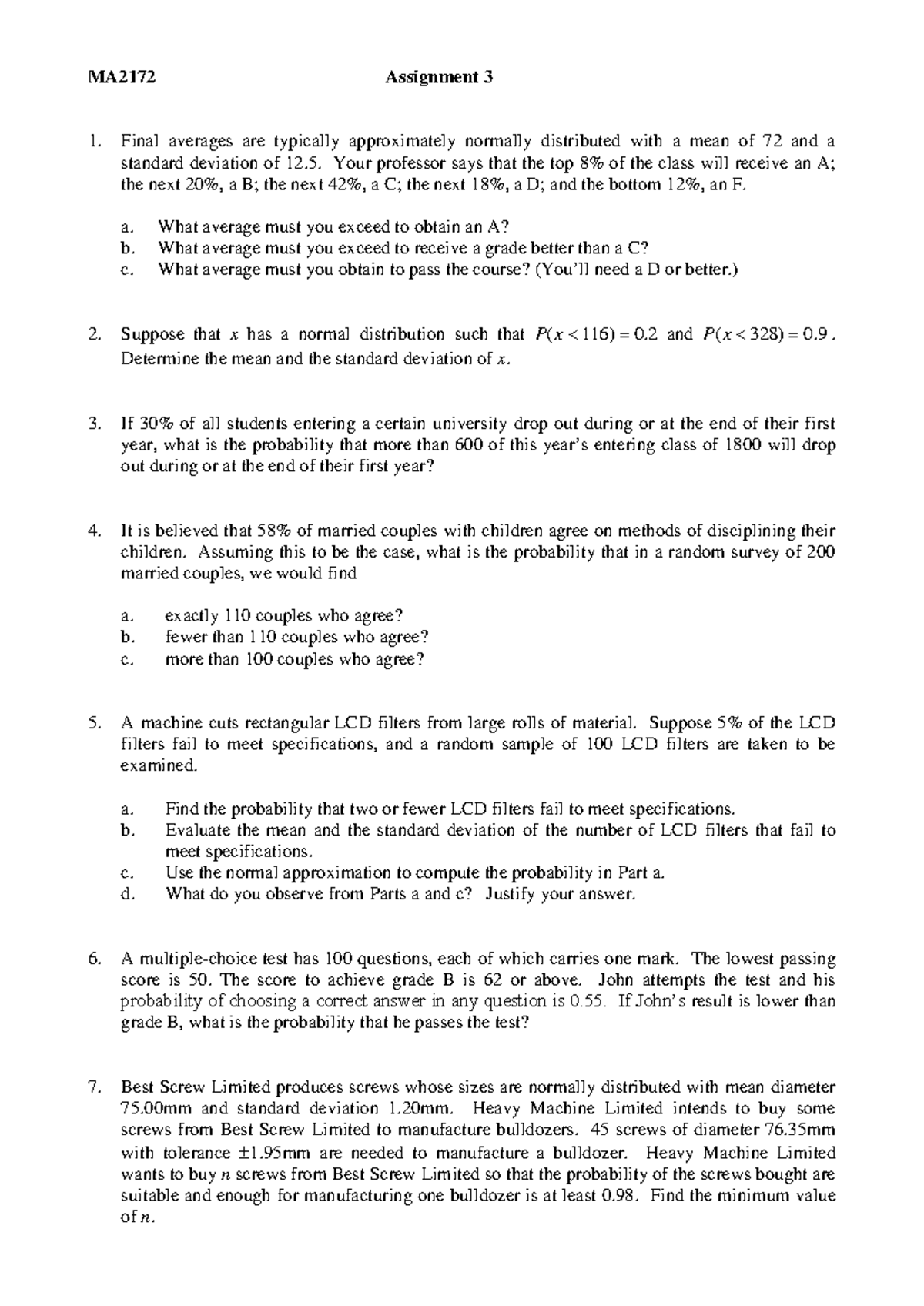 MA2172 Assignment 3: Normal Distribution & Probability Analysis - Studocu