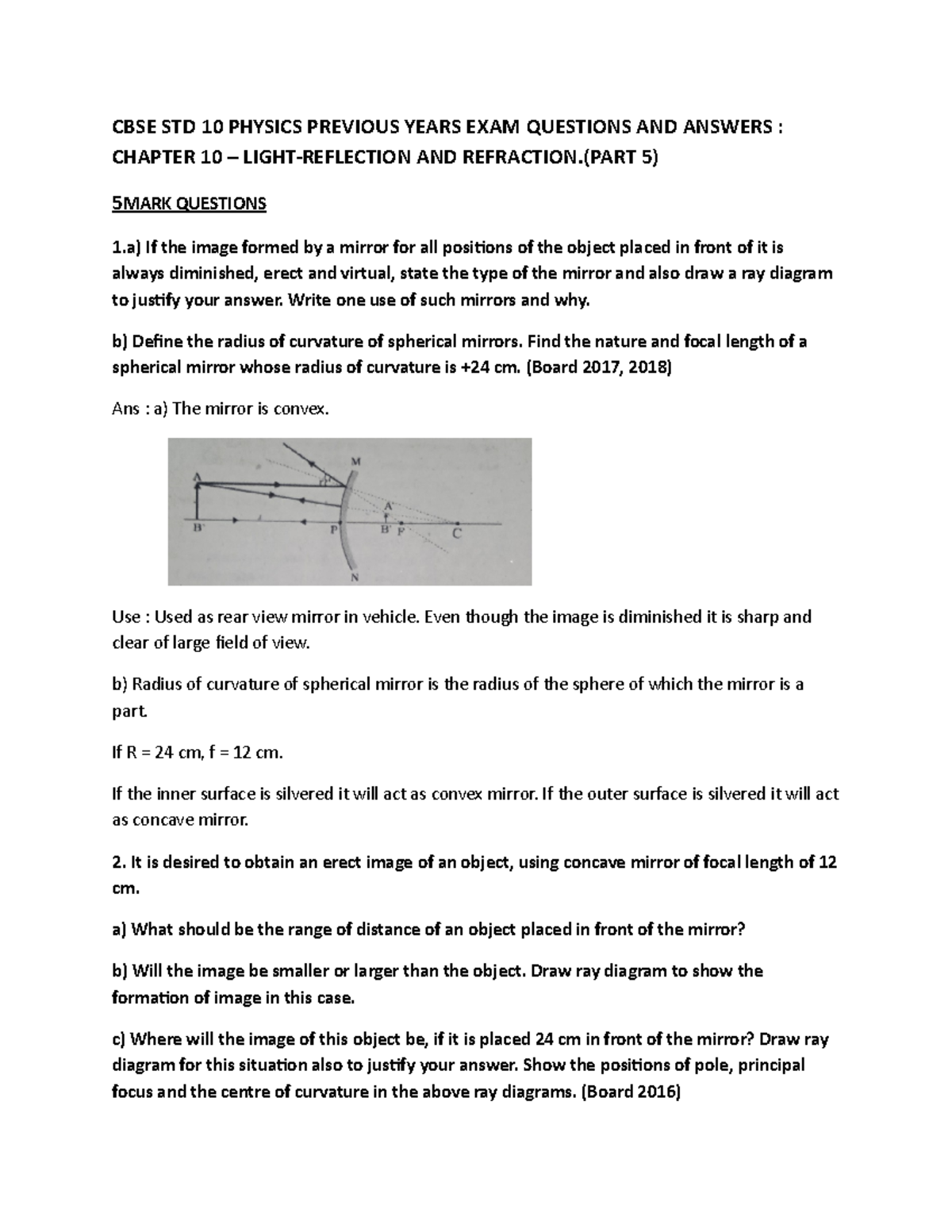 Light 5 CBSE STD 10 Physics 5 MARK Q&A on Reflection & Refraction - Studocu