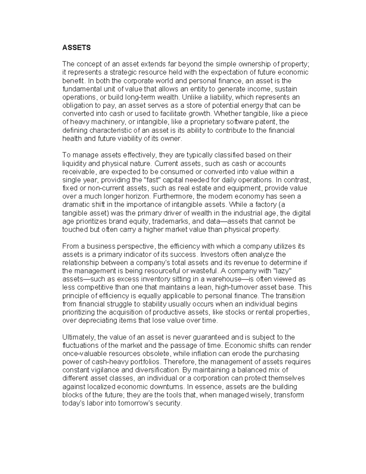 ASSETS: Understanding the Value and Management of Resources - Studocu