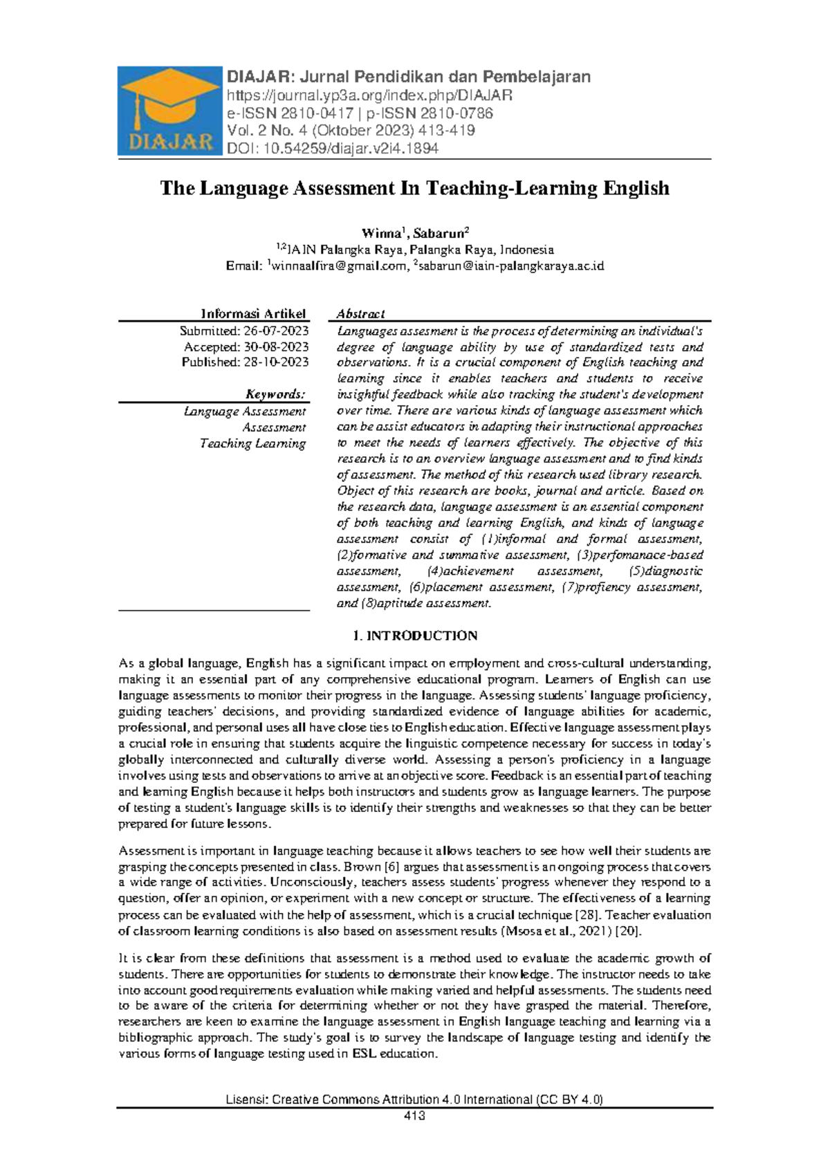 DIAJAR: Language Assessment in English Teaching - Vol. 2 No. 4 (2023 ...