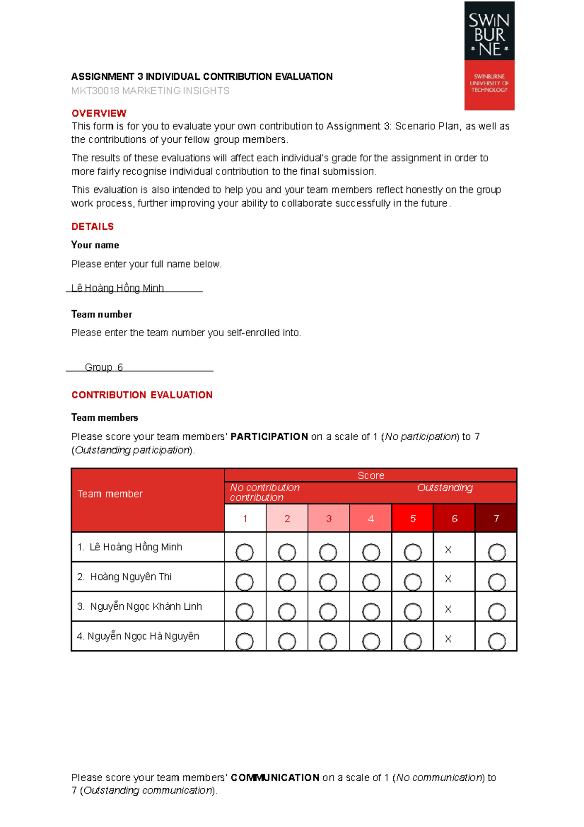 MKT30018 Peer Evaluation - ASSIGNMENT 3 INDIVIDUAL CONTRIBUTION ...