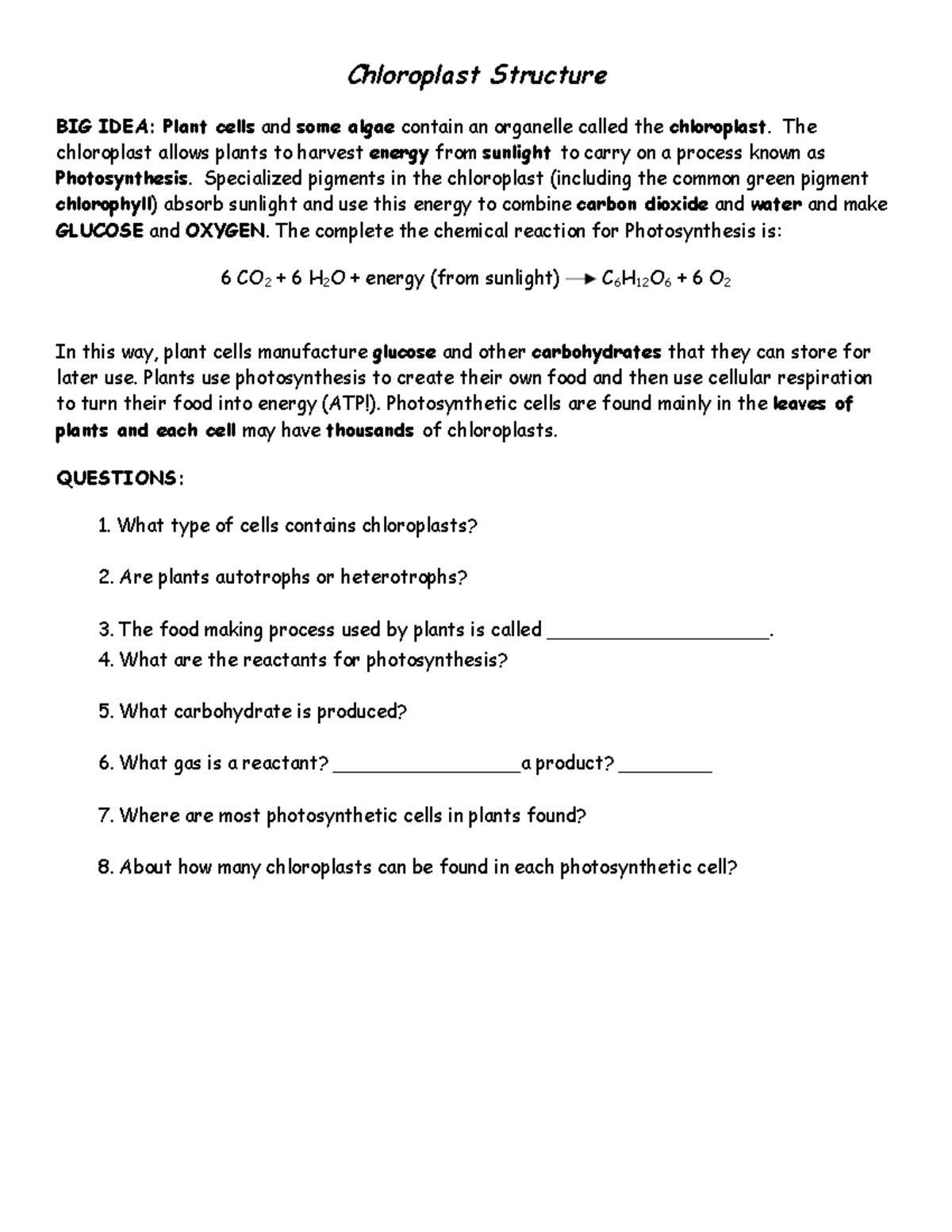 Chloroplast Structure Worksheet for Photosynthesis Study - Studocu