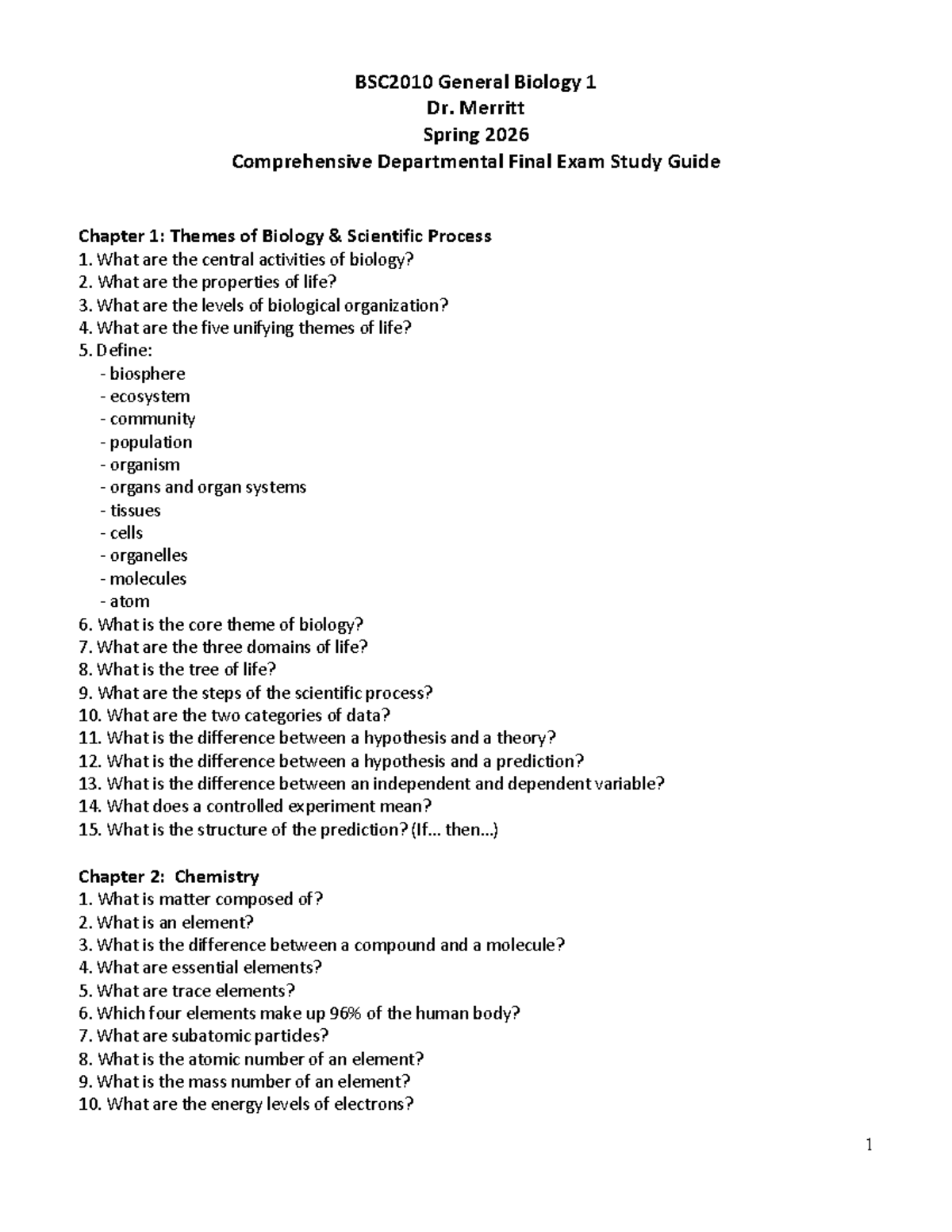 BSC2010 General Biology 1 Final Exam Study Guide - Studocu