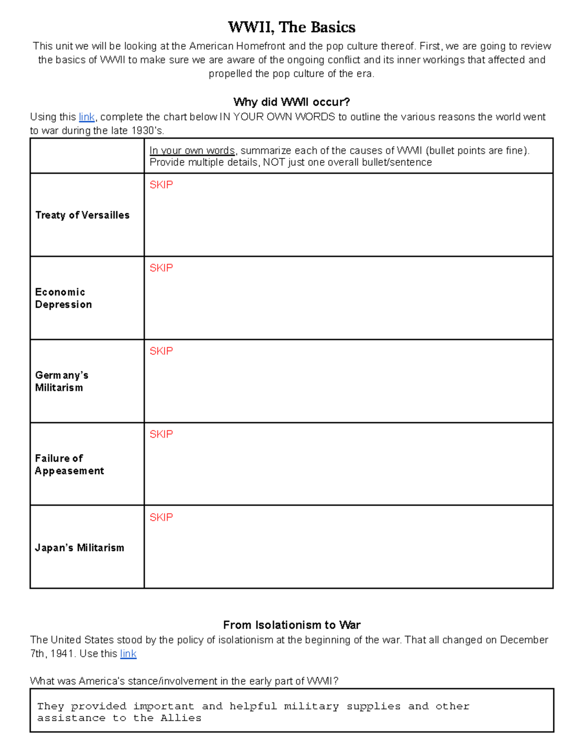 WWII, The Basics - Classroom Assignment - WWII, The Basics This unit we ...