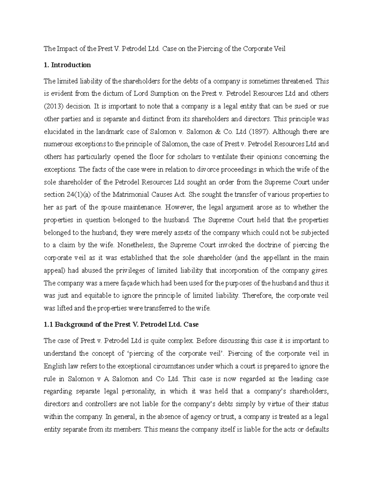 The Impact of the Prest V - Petrodel Ltd. Case on the Piercing of the ...