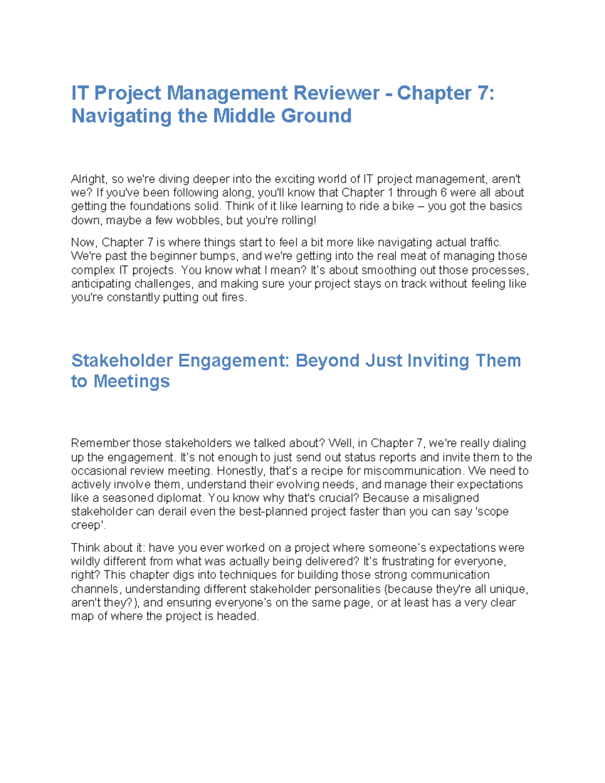 IT Project Management (ITPM) Ch 7: Engaging Stakeholders Effectively - Studocu