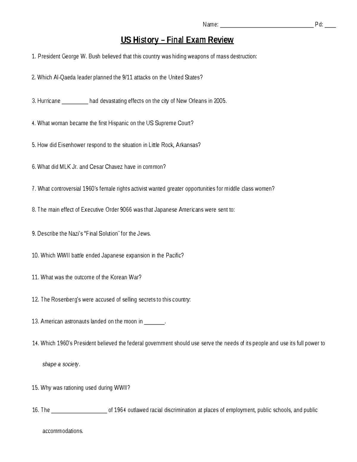 US History: Spring Final Exam Review Questions and Answers - Studocu