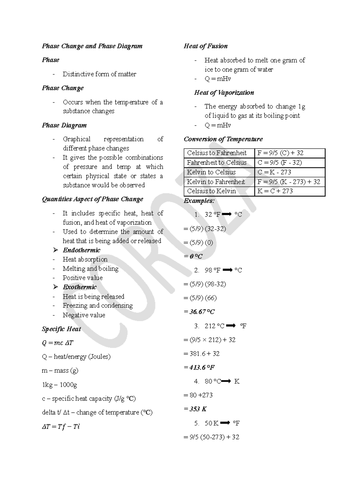 Phase Change and Phase Diagram: Key Concepts and Formulas - Studocu