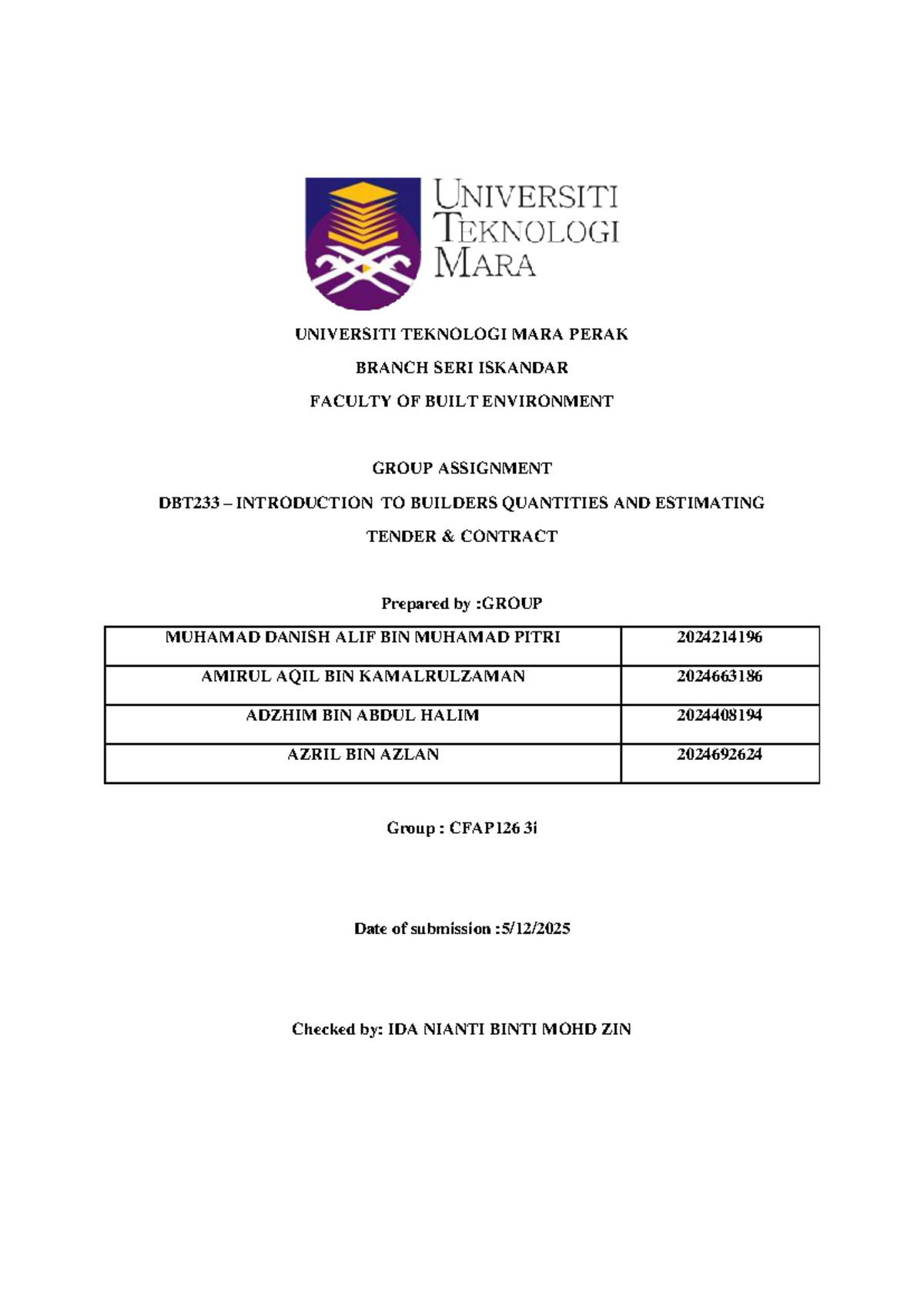 DBT233 Group Assignment: Tender & Contract Report - Studocu