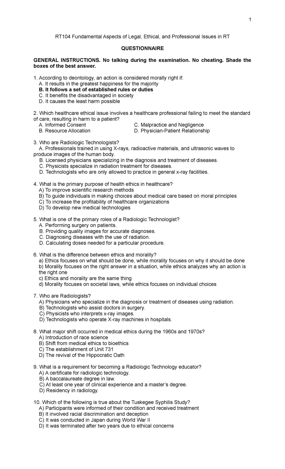 RT104 Prelim Exam Questionnaire on Legal, Ethical, and Professional ...
