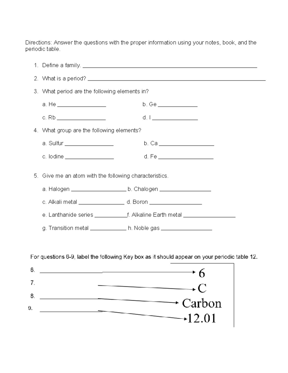 Periodic Table Worksheet: Family & Period Definitions - Studocu