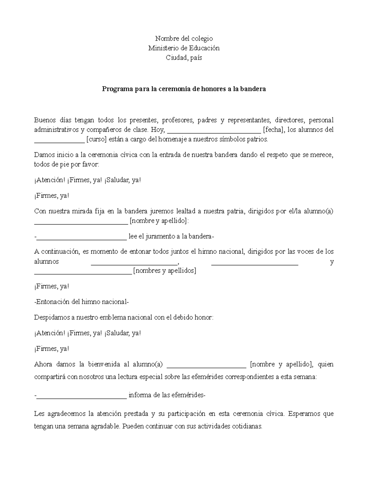 Programa Ceremonial de Honores a la Bandera del Colegio - Studocu