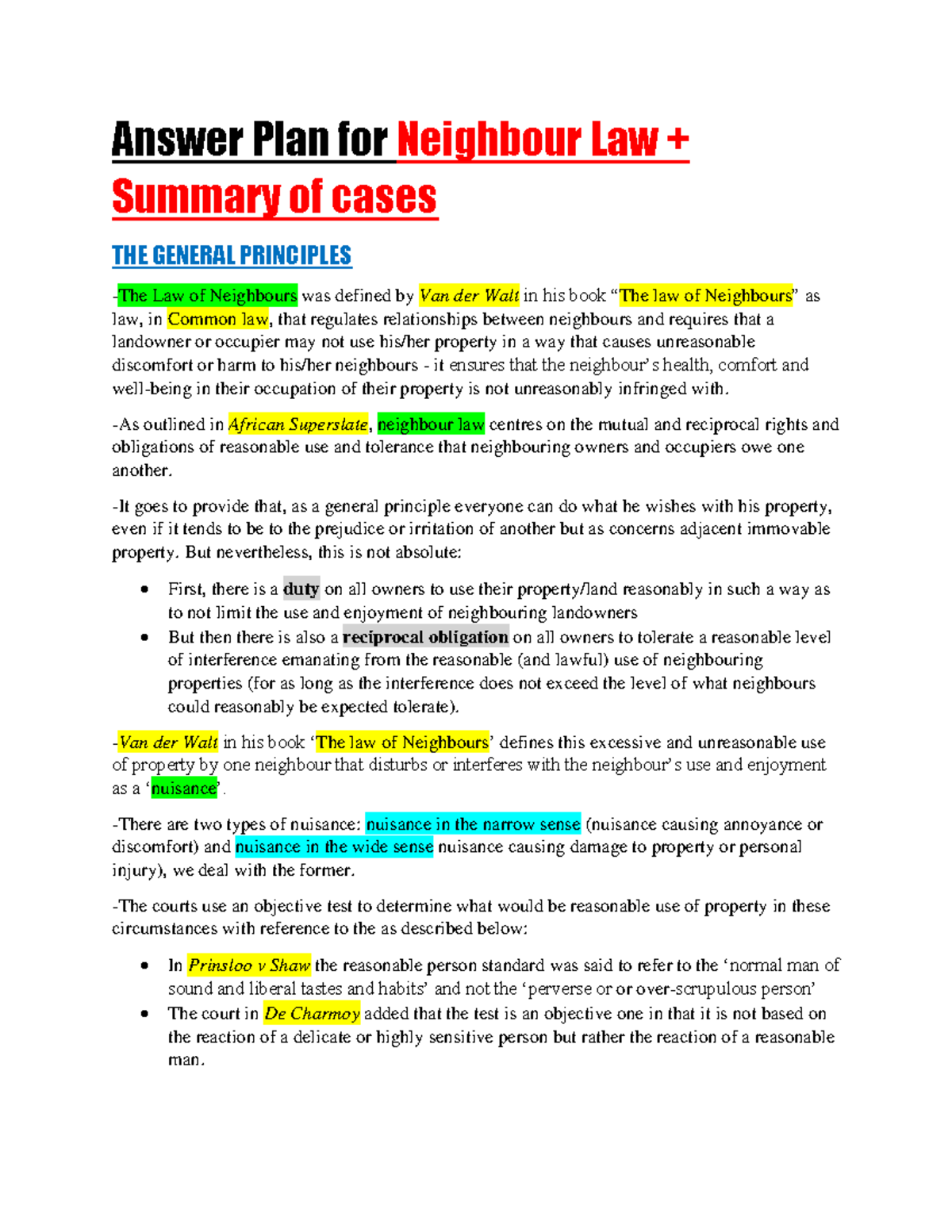 Neighbour Law: Answer Plan & Case Summaries for Assessment - Studocu