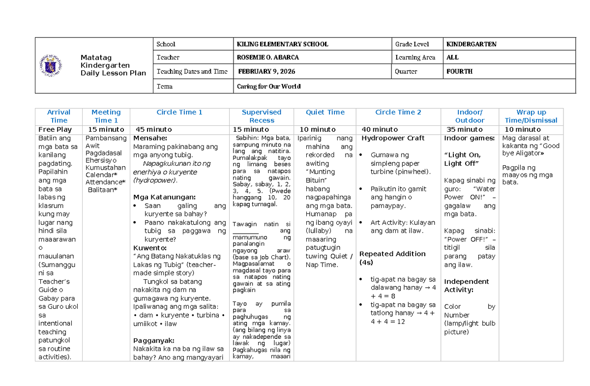 KINDER Q4. WEEK 3 Daily Lesson Plan: Caring for Our World - Studocu