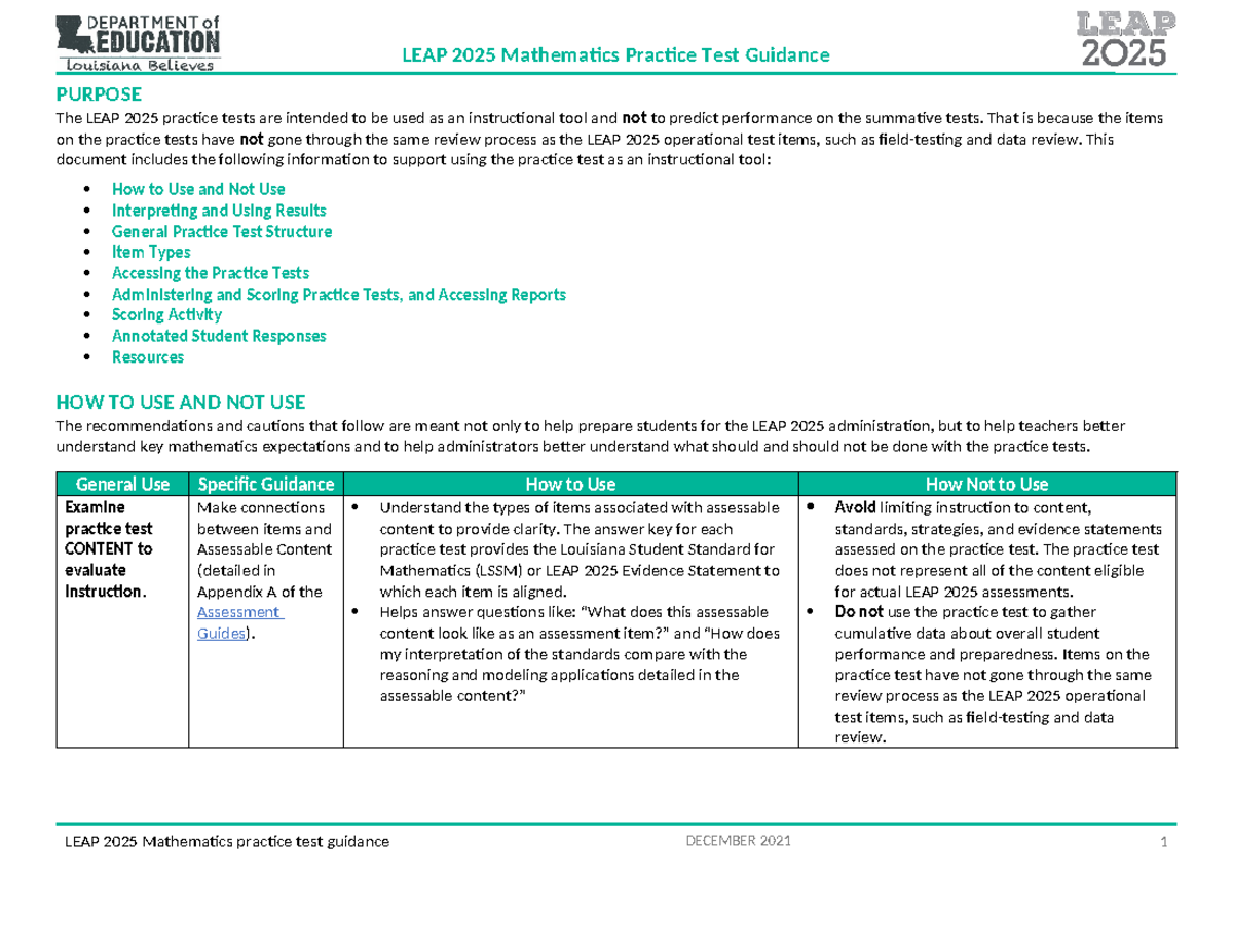 LEAP 2025 Math Practice Test Usage and Guidance Document - Studocu