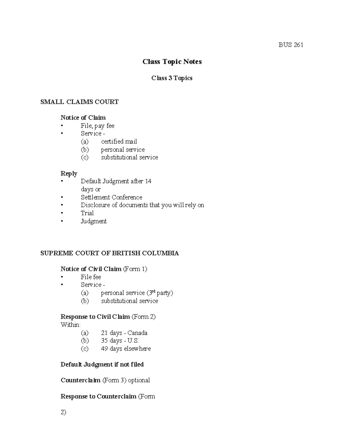 BUS 261 Class 3 Notes: Small Claims Court Procedures - Studocu