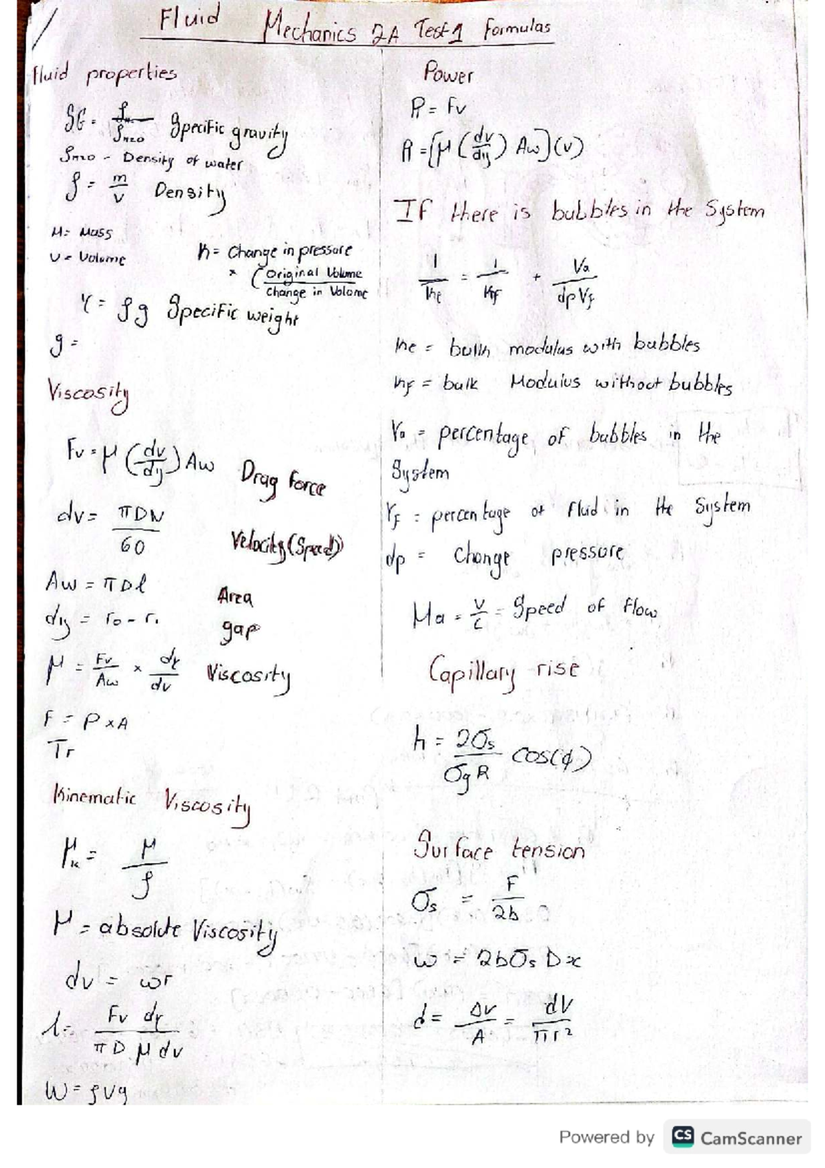 Fluid Properties and Behavior: Theory Notes & Formulas (ENG 101) - Studocu