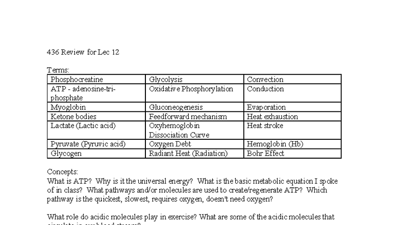 436 Study Guide for Lec 12: Key Terms & Concepts on Metabolism - Studocu