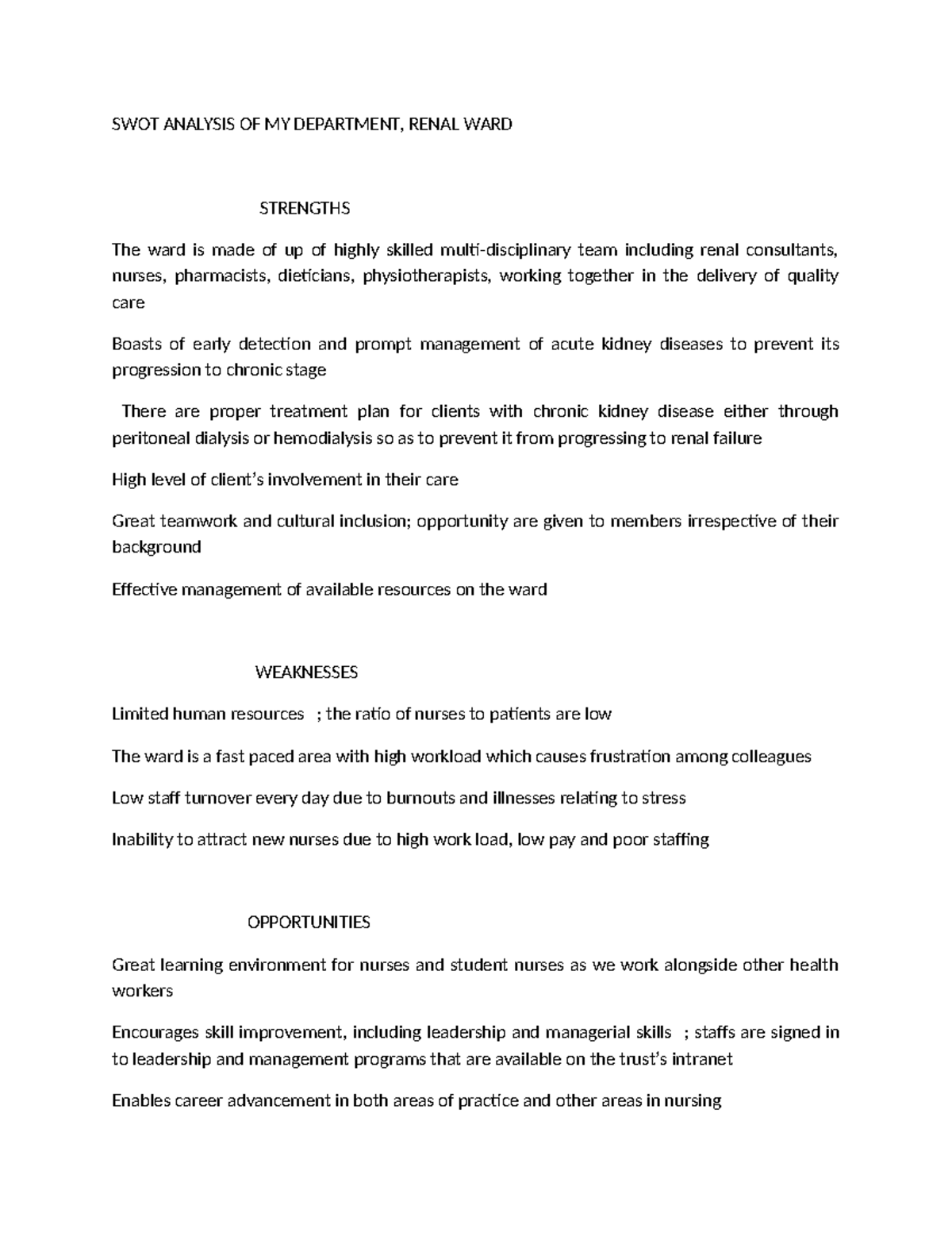 SWOT Analysis of Renal Ward: Strengths, Weaknesses & Opportunities ...