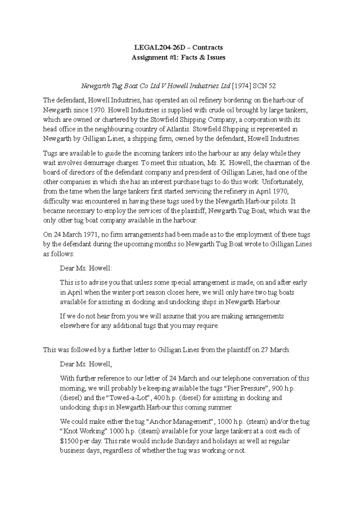 LEGAL204 Contracts Assignment: Facts & Issues in Newgarth Tug Boat Co ...