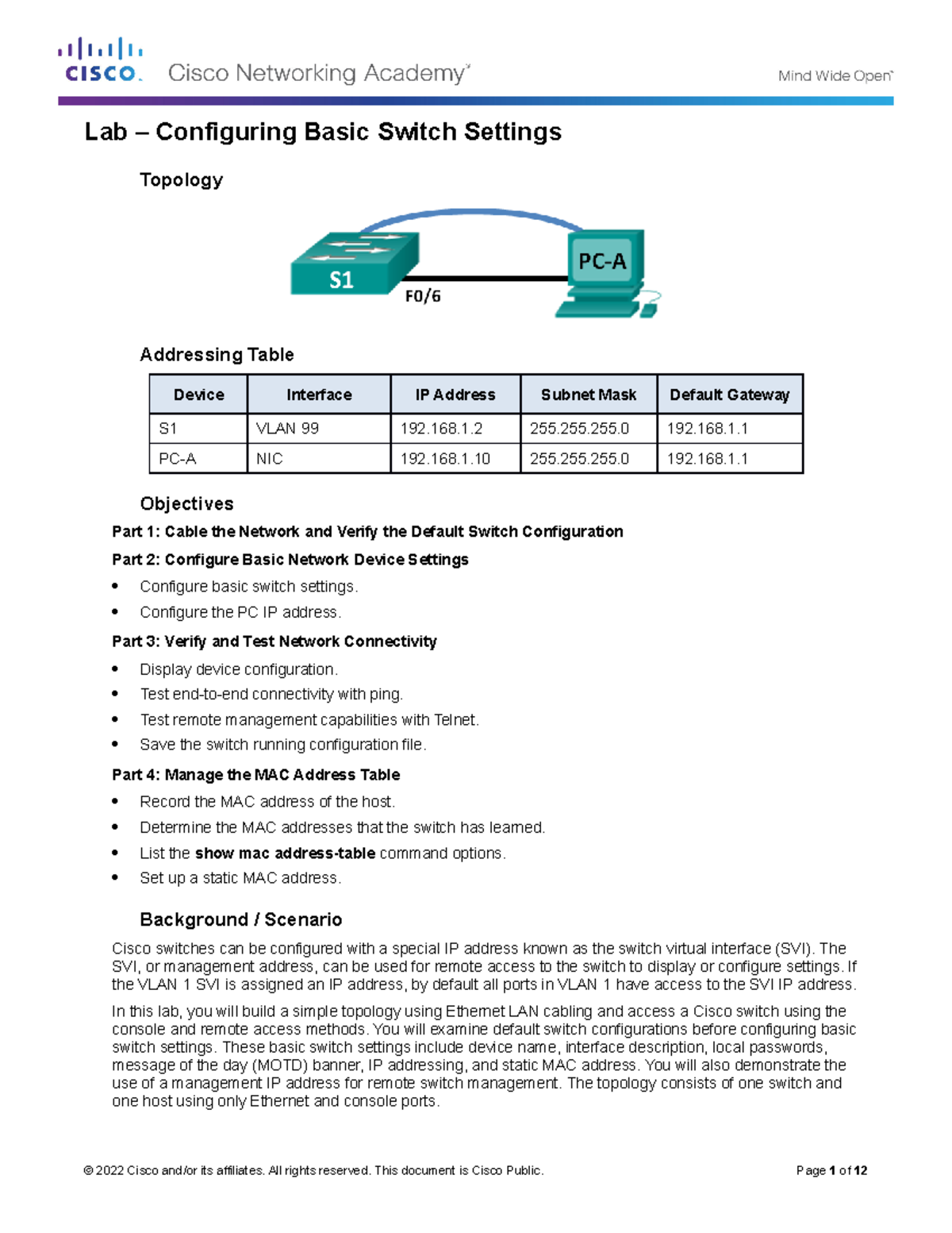 5116 Lab Configuring Basic Switch Settings Topology Addressing Table Device Interface Ip