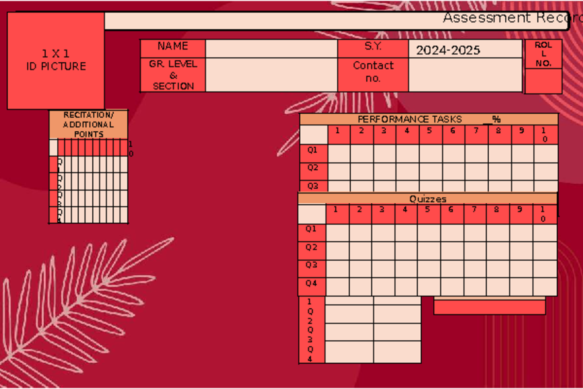 Assessment Record Template for 1X1 Performance Tasks and Exams - Studocu
