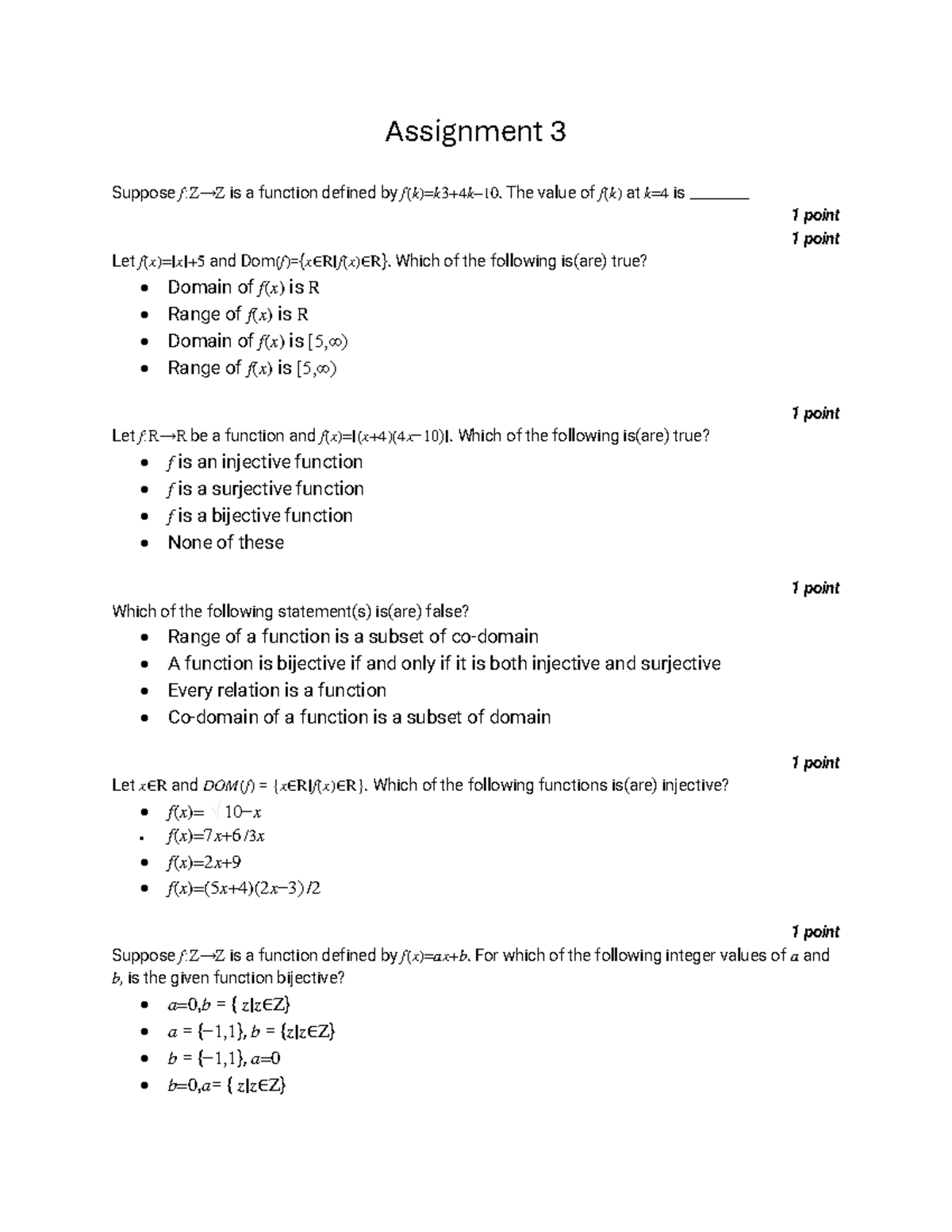MATH 101: Assignment 3 on Functions and Their Properties - Studocu