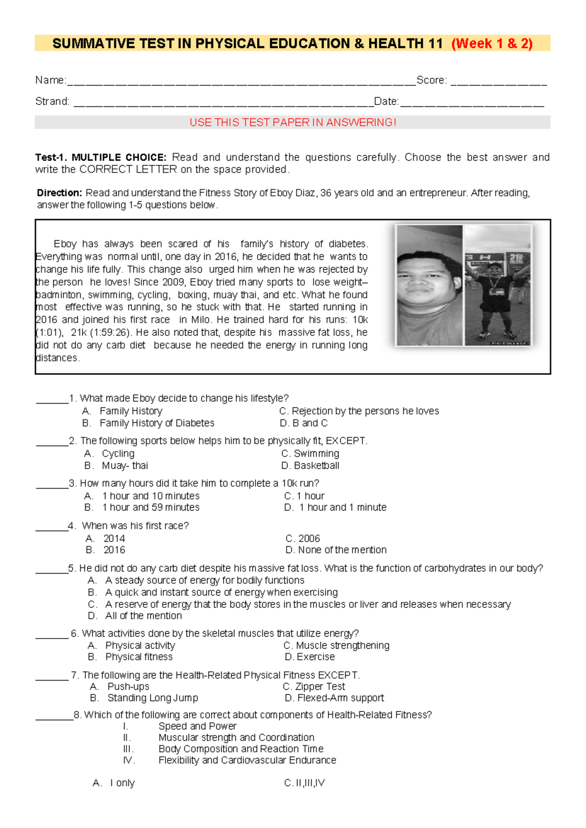 Summative Assessment: Physical Education & Health 11 (Weeks 1 & 2 ...