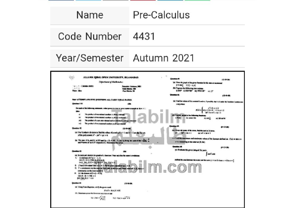 Precalculus Past Paper (4431) - Allama Iqbal Open University - Studocu